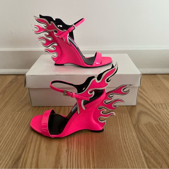 Prada | Shoes | Prada Neon Flame Wedge Heels Stilettos Open Toe Kendall ...
